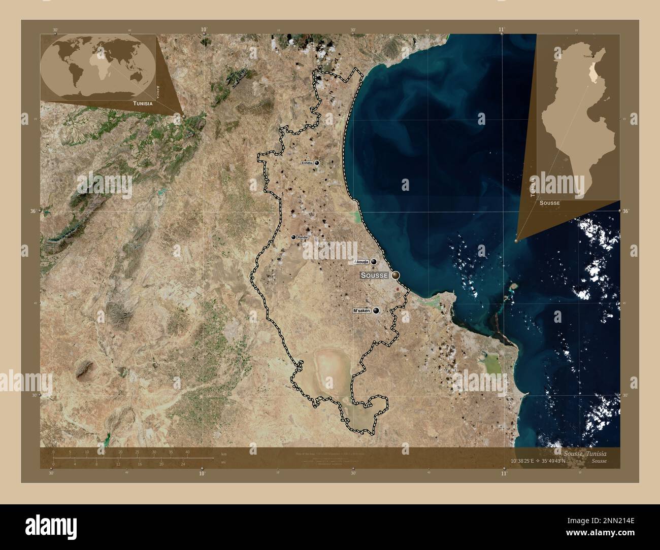 Sousse, governorate of Tunisia. Low resolution satellite map. Locations ...