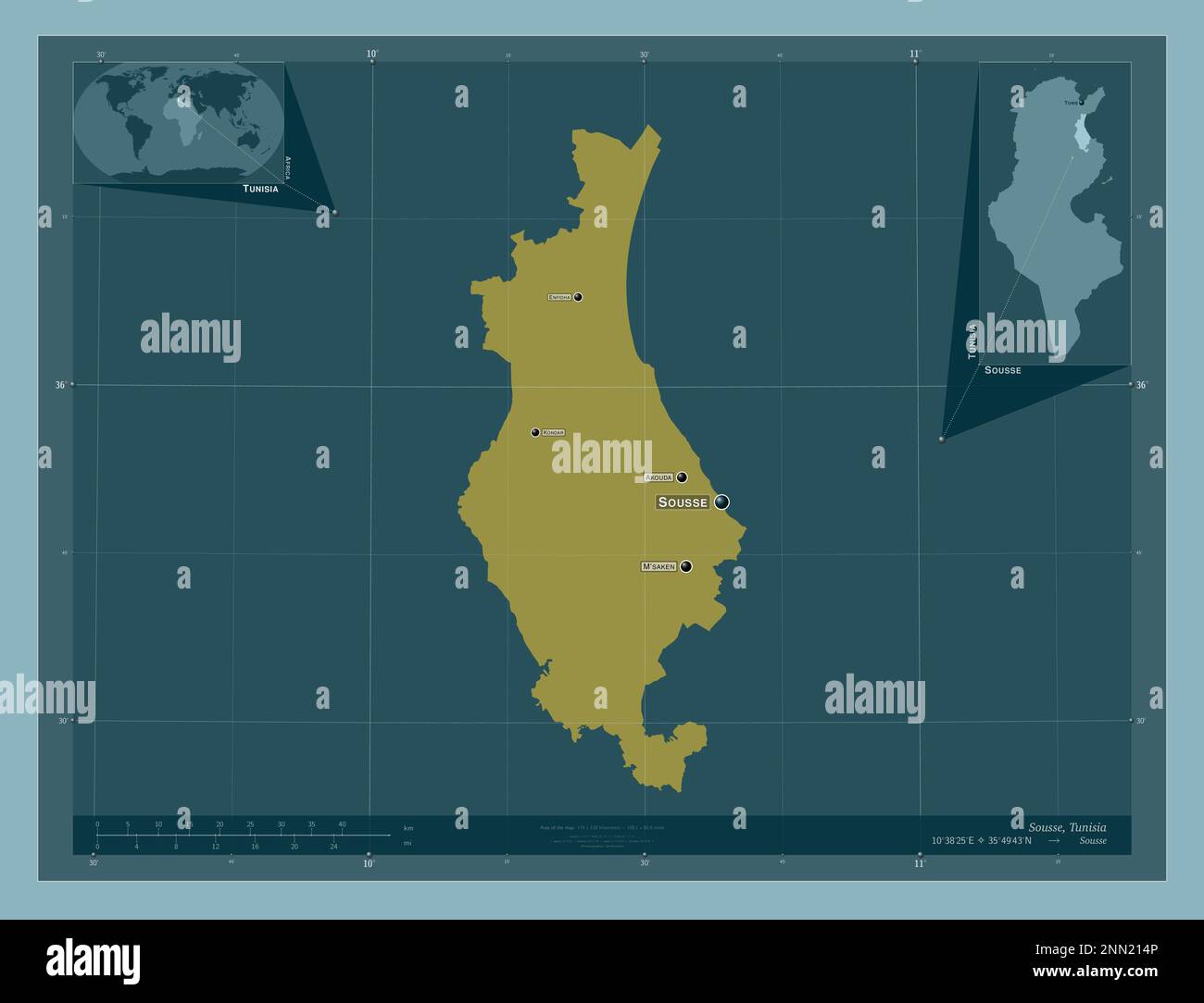 Sousse, governorate of Tunisia. Solid color shape. Locations and names ...