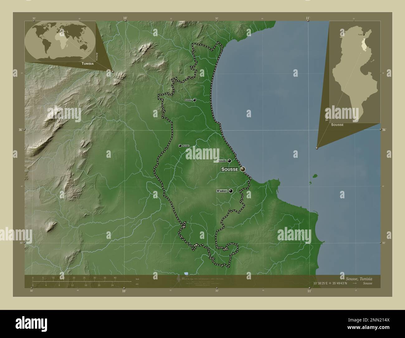 Sousse, governorate of Tunisia. Elevation map colored in wiki style ...