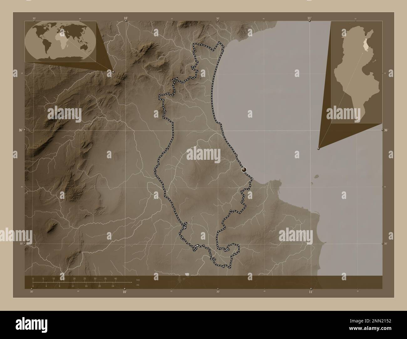 Sousse, governorate of Tunisia. Elevation map colored in sepia tones ...