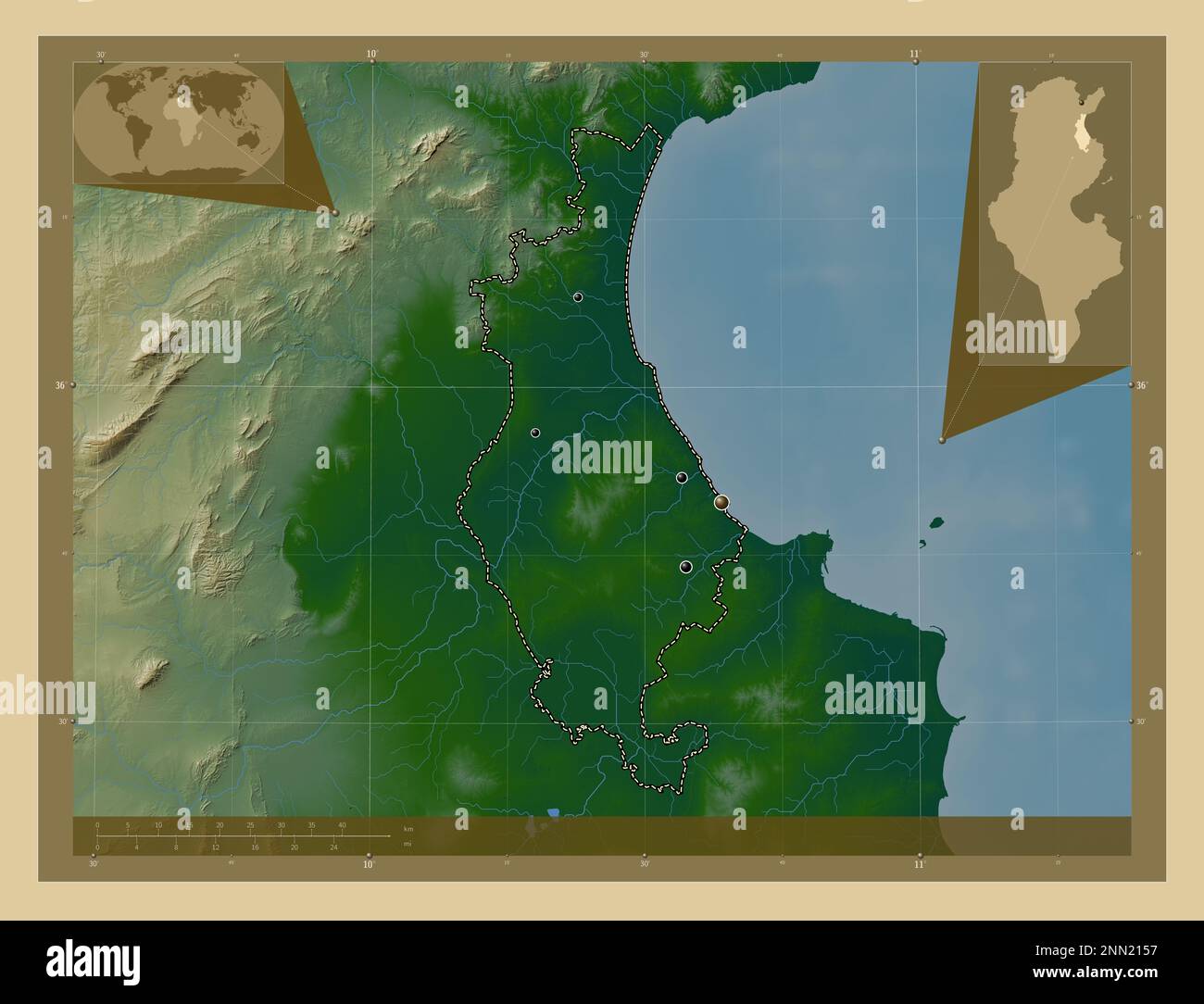 Sousse, governorate of Tunisia. Colored elevation map with lakes and ...