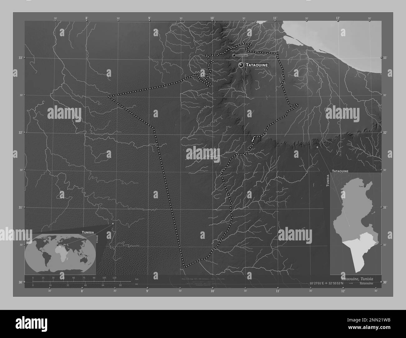 Tataouine, governorate of Tunisia. Grayscale elevation map with lakes ...
