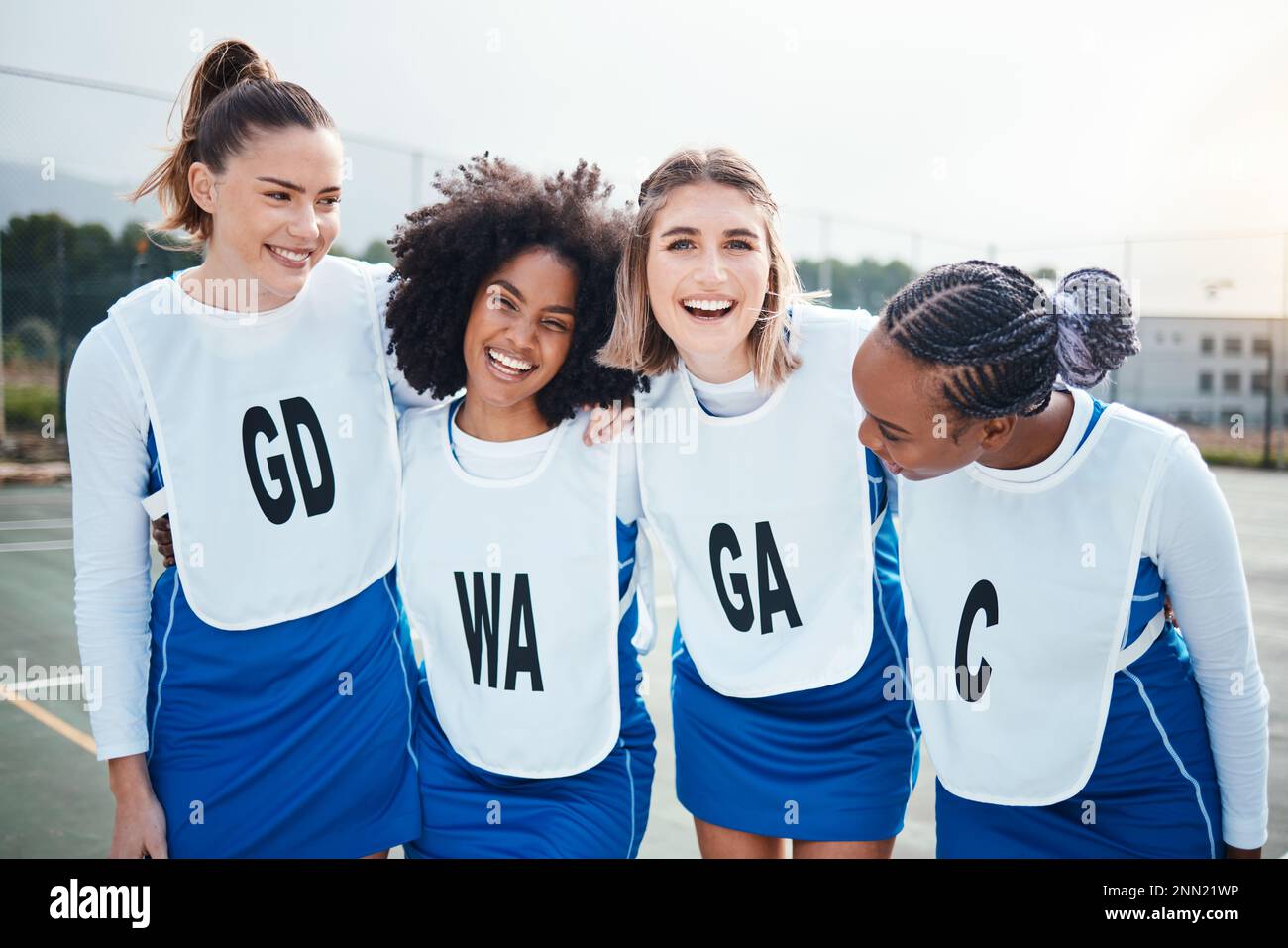 Netball, team outdoor and friends in portrait, women on court and smile ...