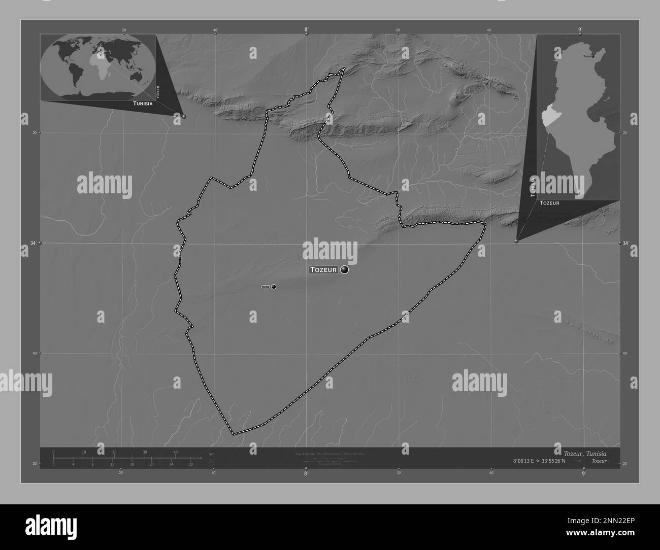 Tozeur, governorate of Tunisia. Bilevel elevation map with lakes and ...