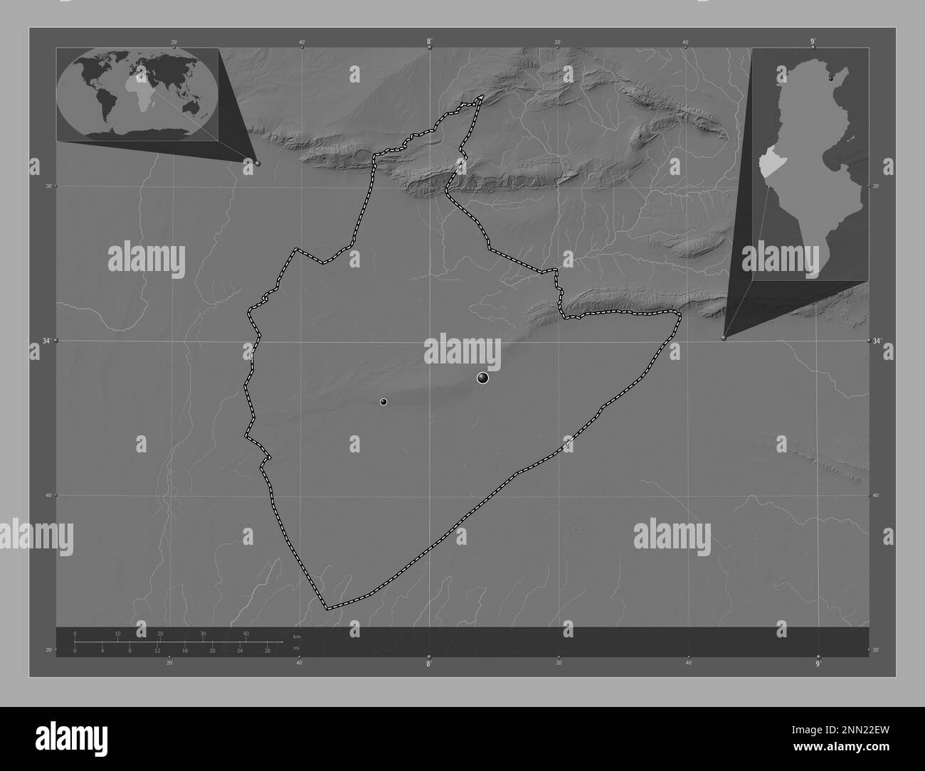 Tozeur, governorate of Tunisia. Bilevel elevation map with lakes and ...