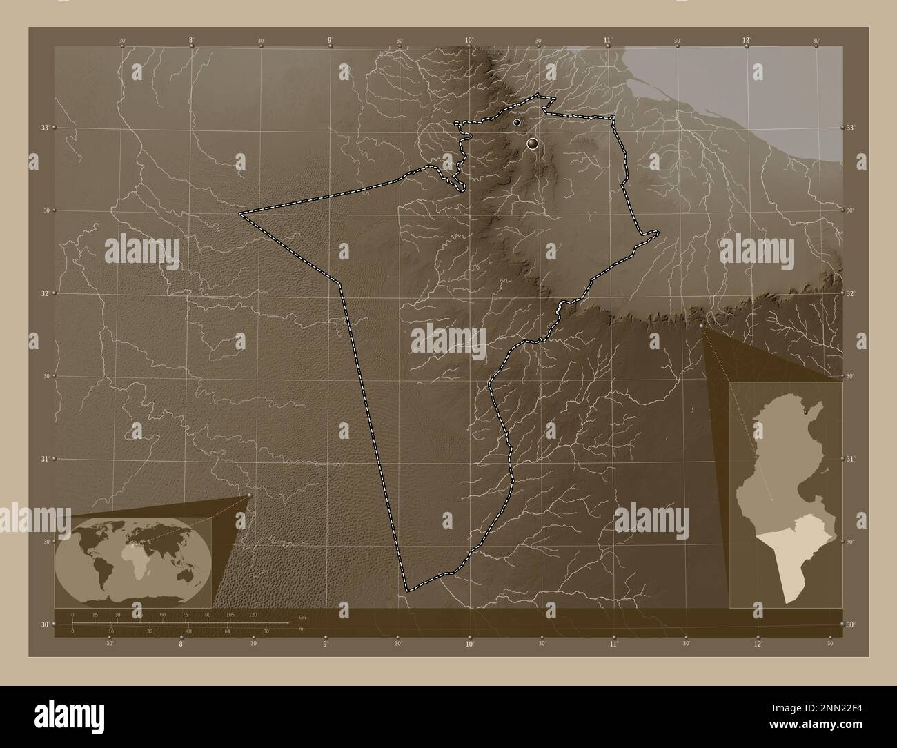 Tataouine, governorate of Tunisia. Elevation map colored in sepia tones ...