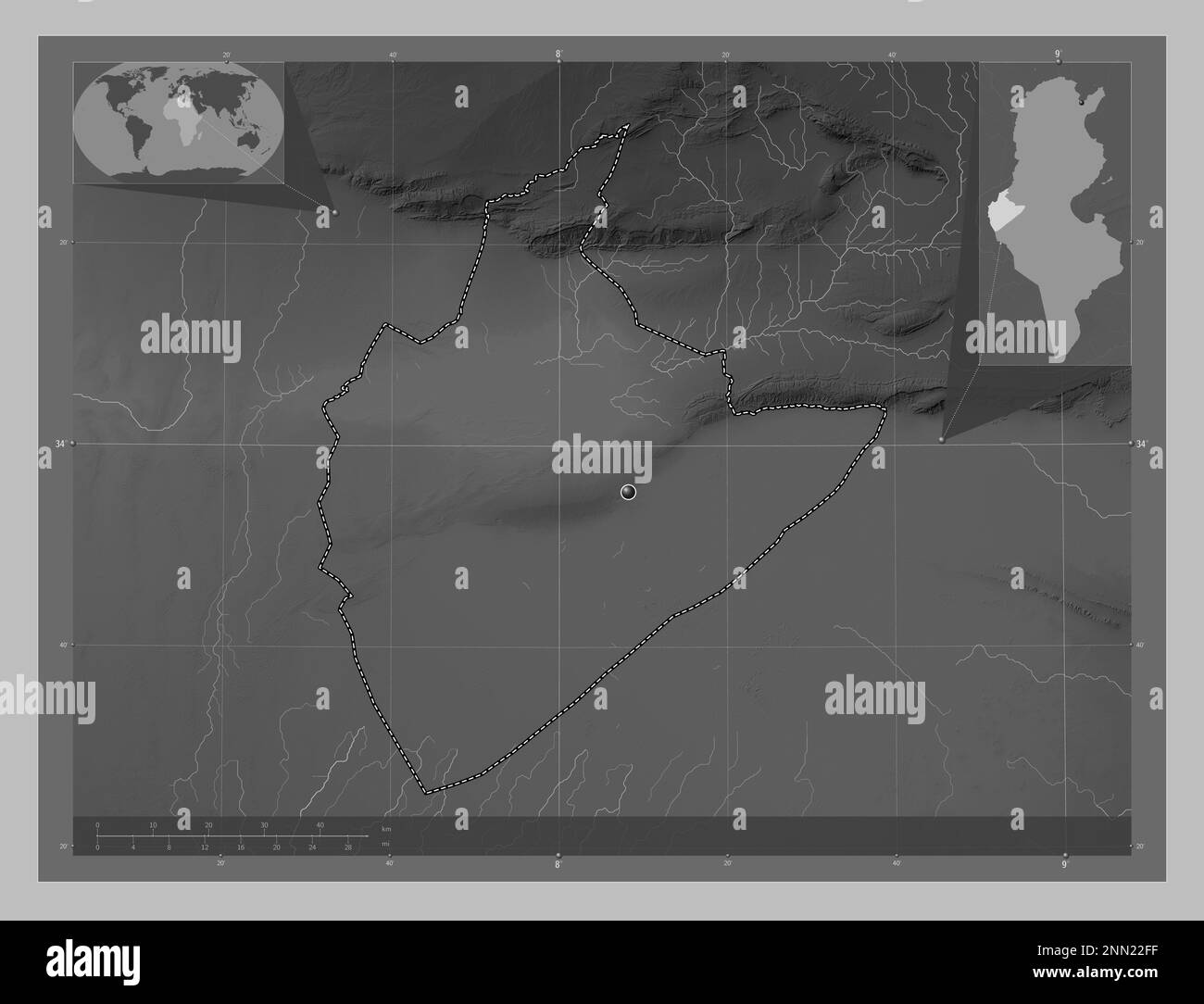 Tozeur, governorate of Tunisia. Grayscale elevation map with lakes and ...