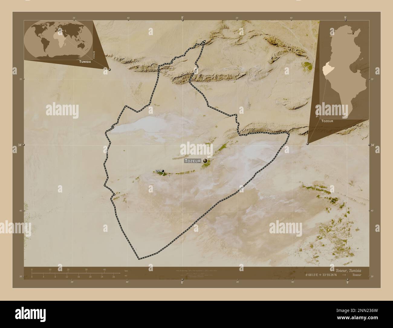 Tozeur, governorate of Tunisia. Low resolution satellite map. Locations ...