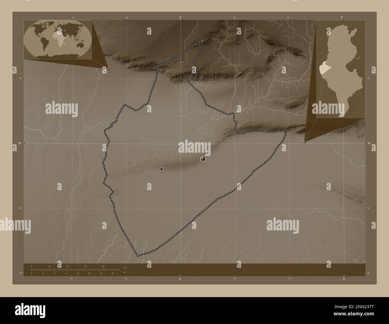 Tozeur, governorate of Tunisia. Elevation map colored in sepia tones ...