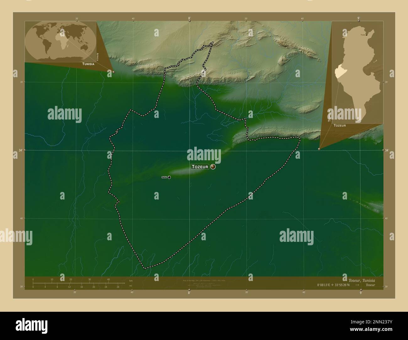 Tozeur, governorate of Tunisia. Colored elevation map with lakes and ...