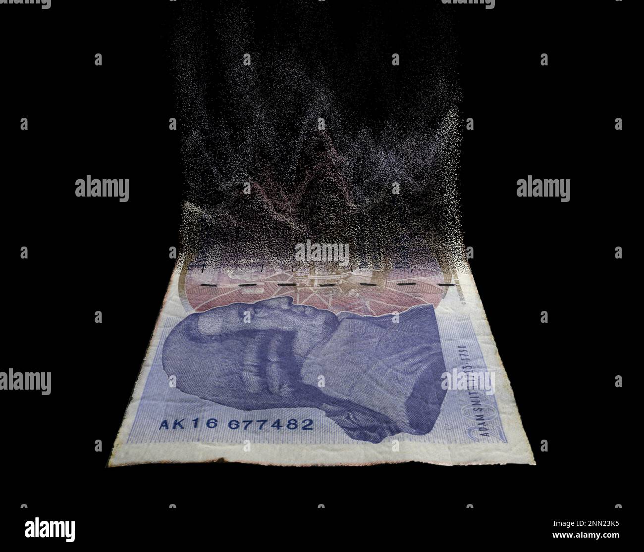 A concept image showing a half dissolved flat paper UK pound bank note ...