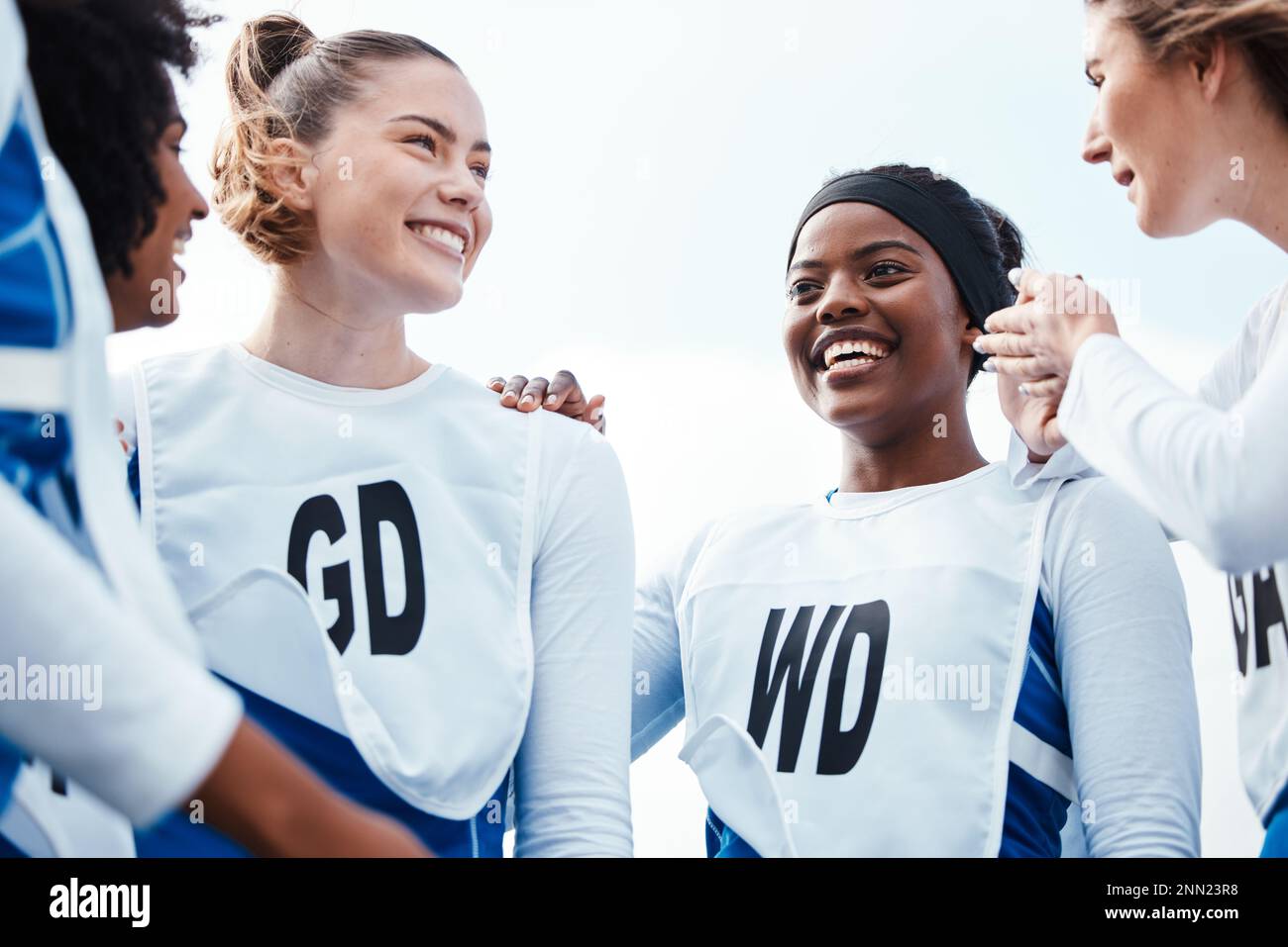 Netball, happy women or sports group with team building, funny ...