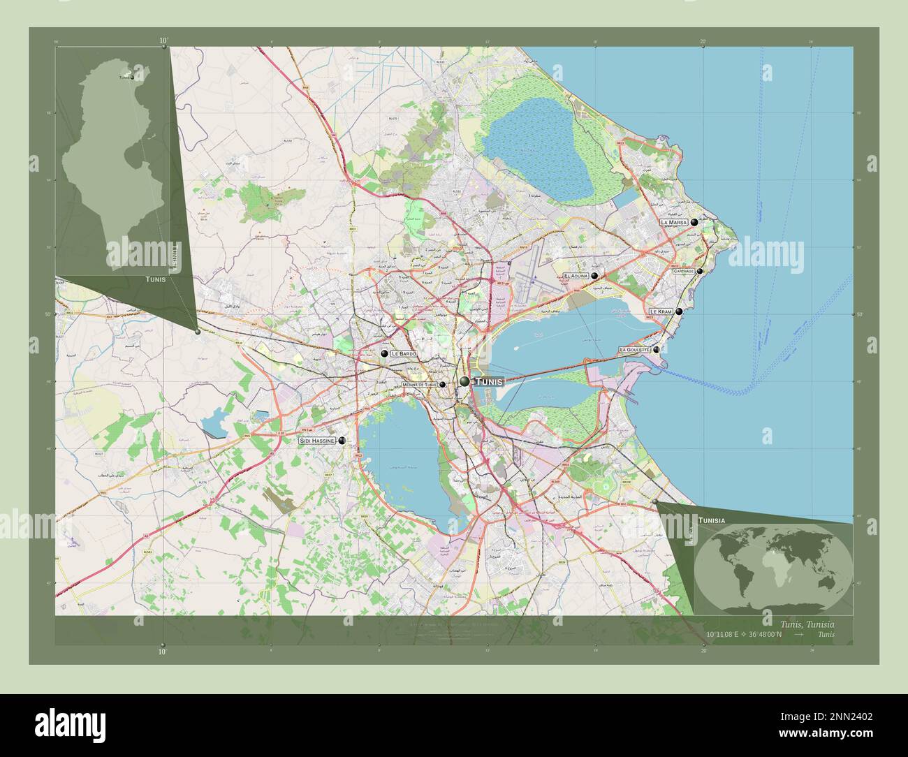 Tunis, governorate of Tunisia. Open Street Map. Locations and names of ...
