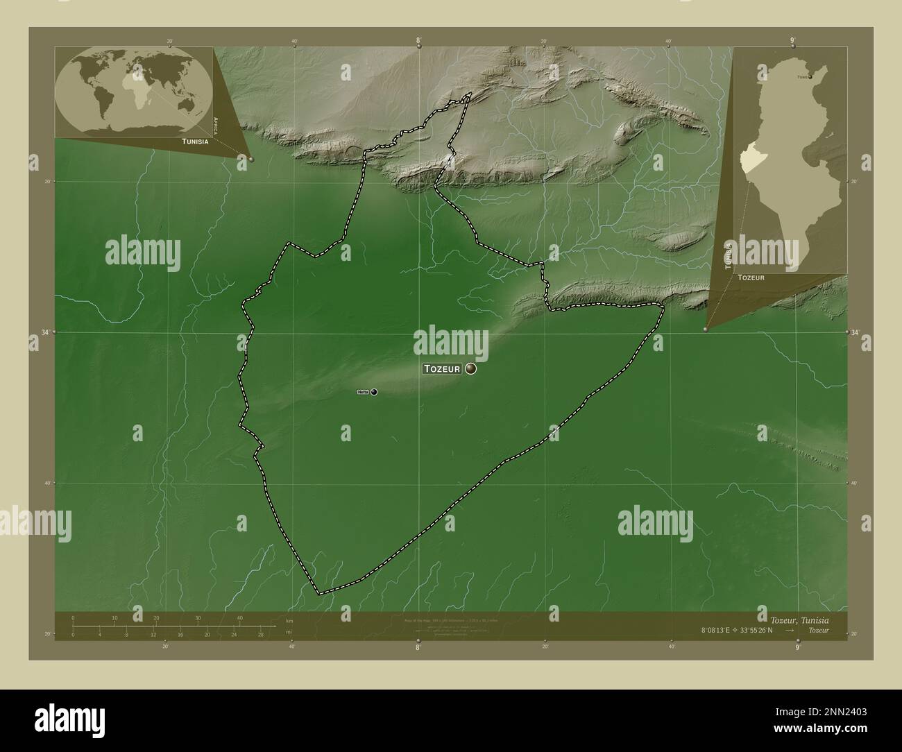 Tozeur, governorate of Tunisia. Elevation map colored in wiki style ...