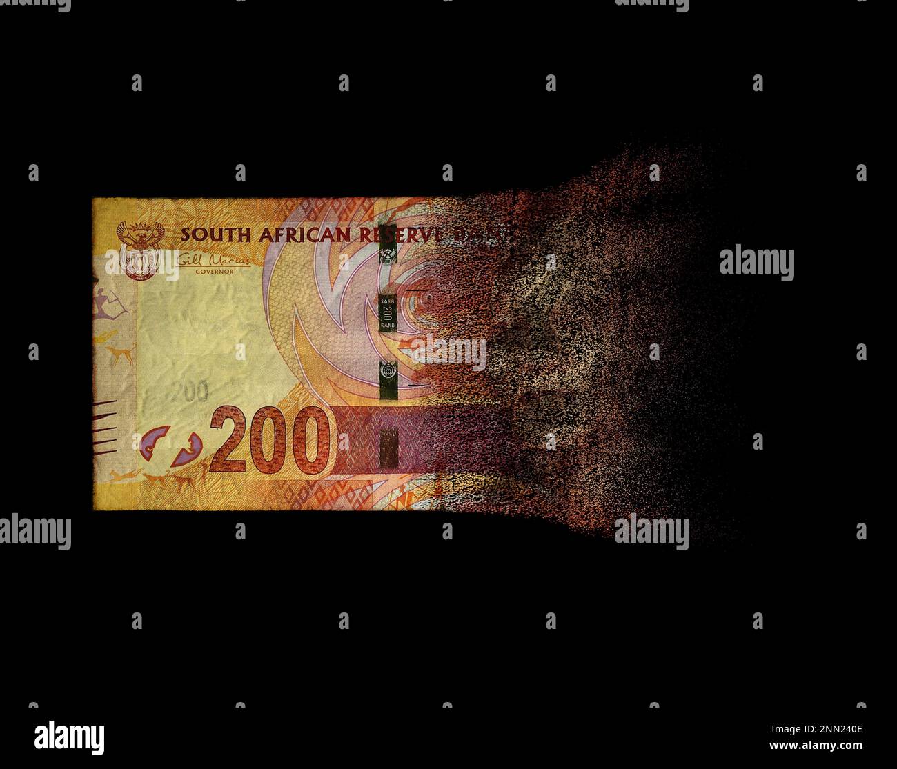 A concept image showing a half dissolved flat paper South African Rand ...
