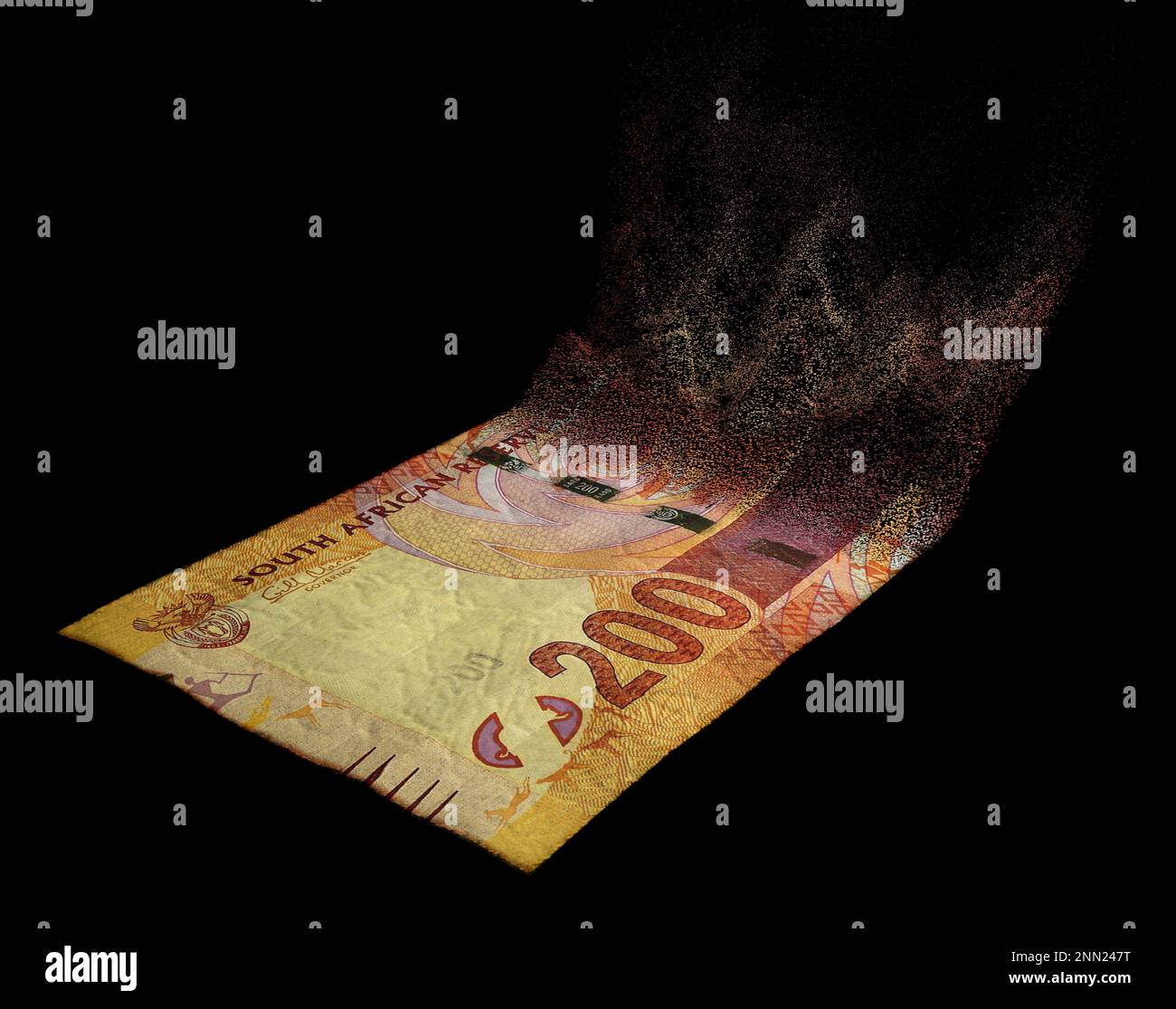 A concept image showing a half dissolved flat paper South African Rand ...