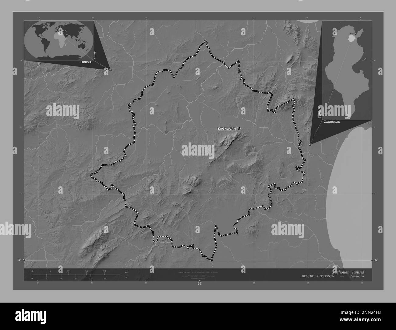Zaghouan, governorate of Tunisia. Bilevel elevation map with lakes and ...