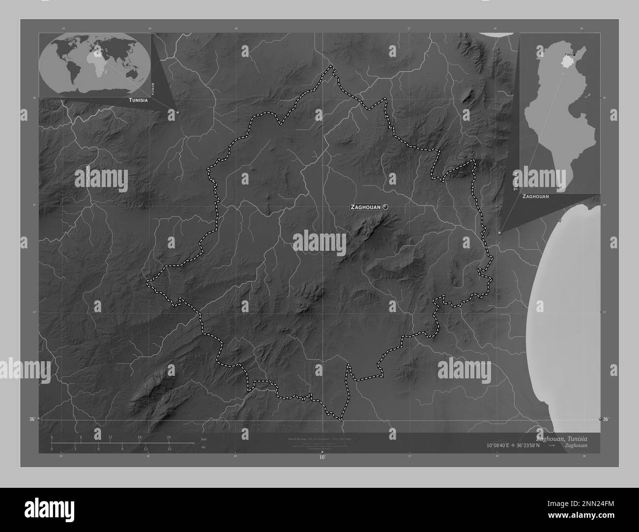 Zaghouan, governorate of Tunisia. Grayscale elevation map with lakes ...