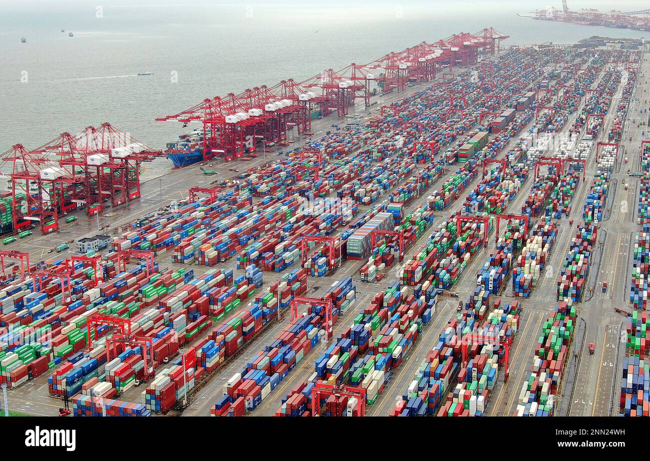An aerial view of the Yangshan container port in Shanghai, China ...