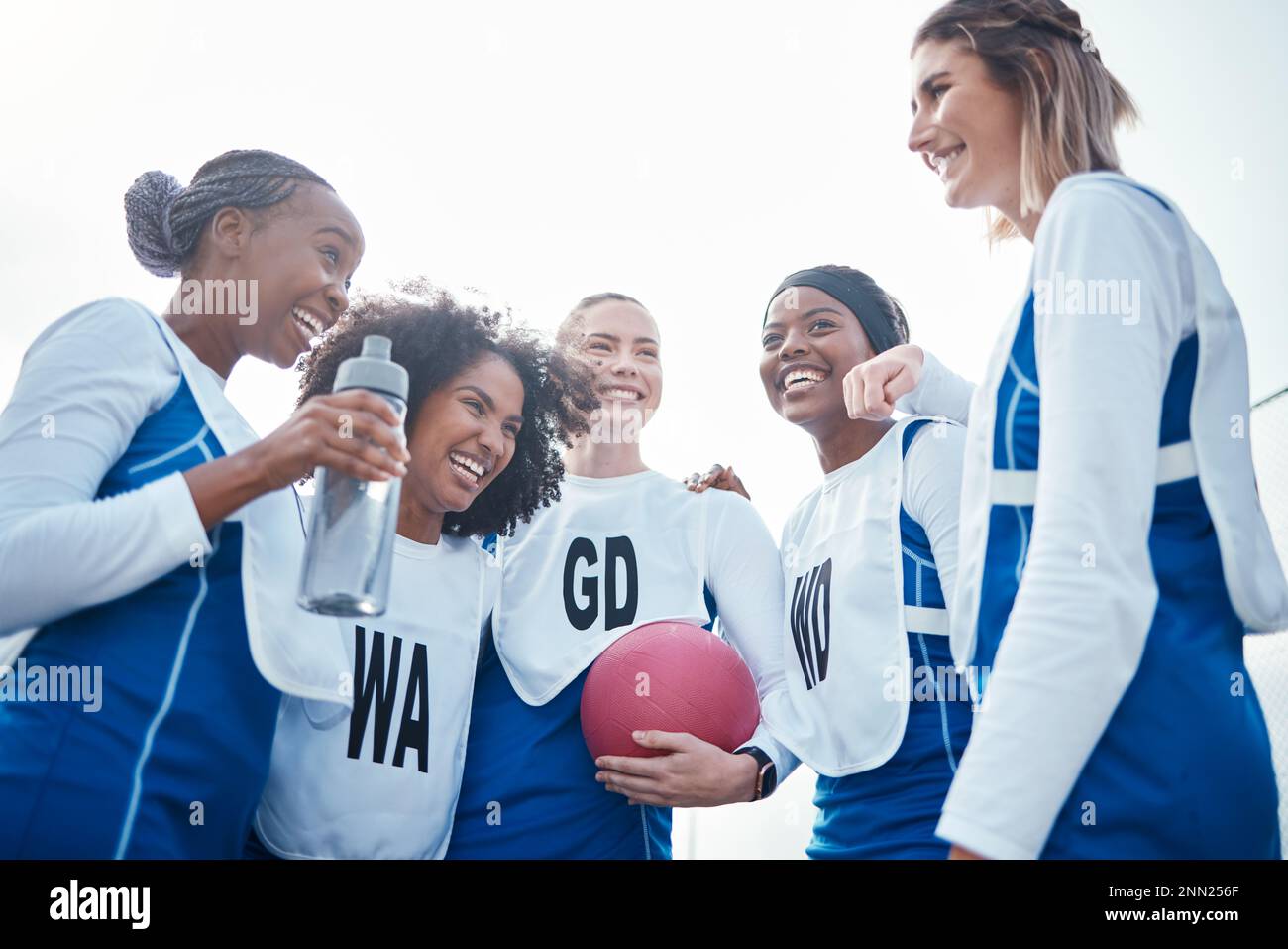 Happy netball team or group of woman with funny sports conversation and ...
