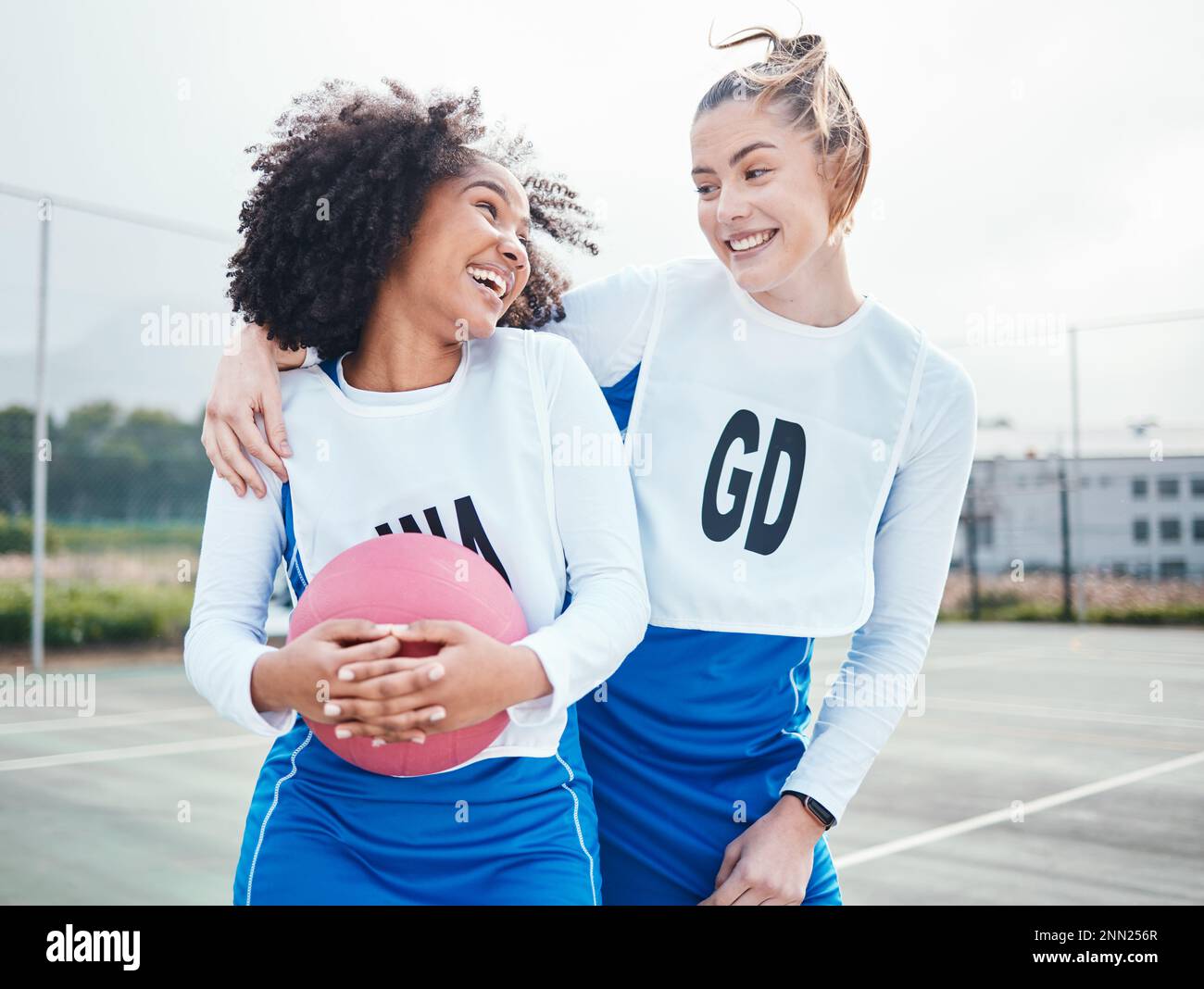 Fitness, netball and women on court, conversation and excited for match ...