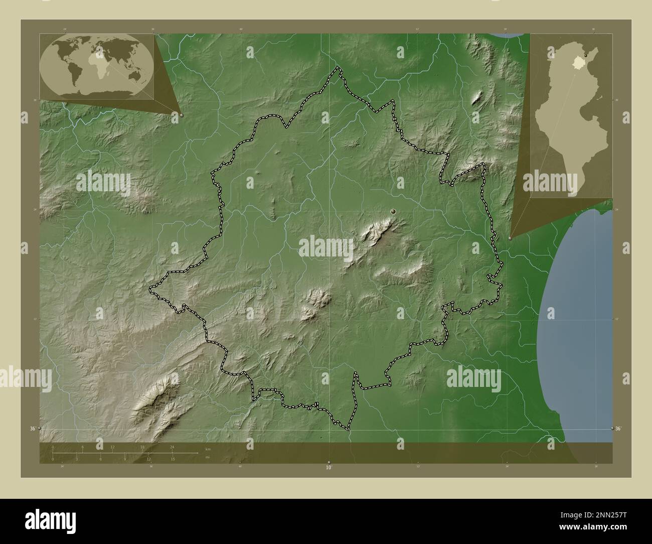Zaghouan, governorate of Tunisia. Elevation map colored in wiki style ...