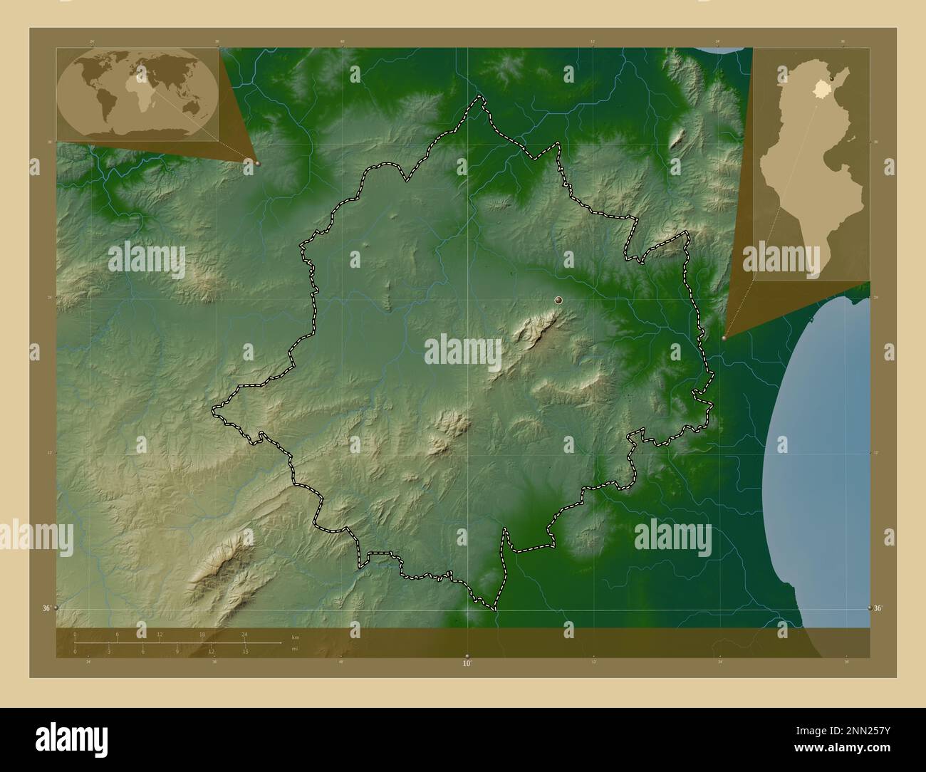Zaghouan, governorate of Tunisia. Colored elevation map with lakes and ...