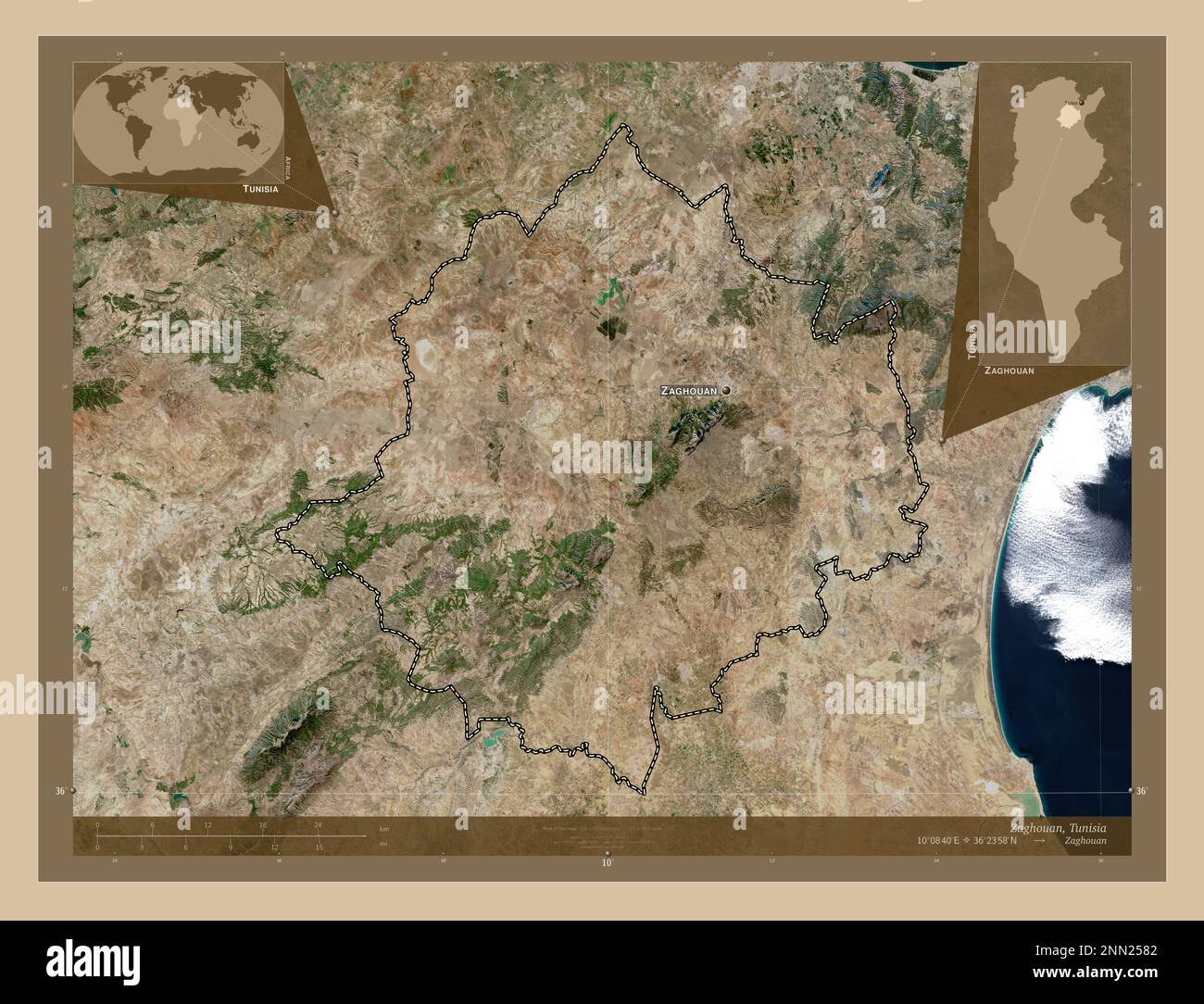Zaghouan, governorate of Tunisia. Low resolution satellite map ...