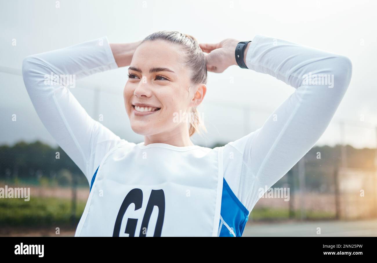 Tired, sports or woman in netball training game, exercise or workout ...