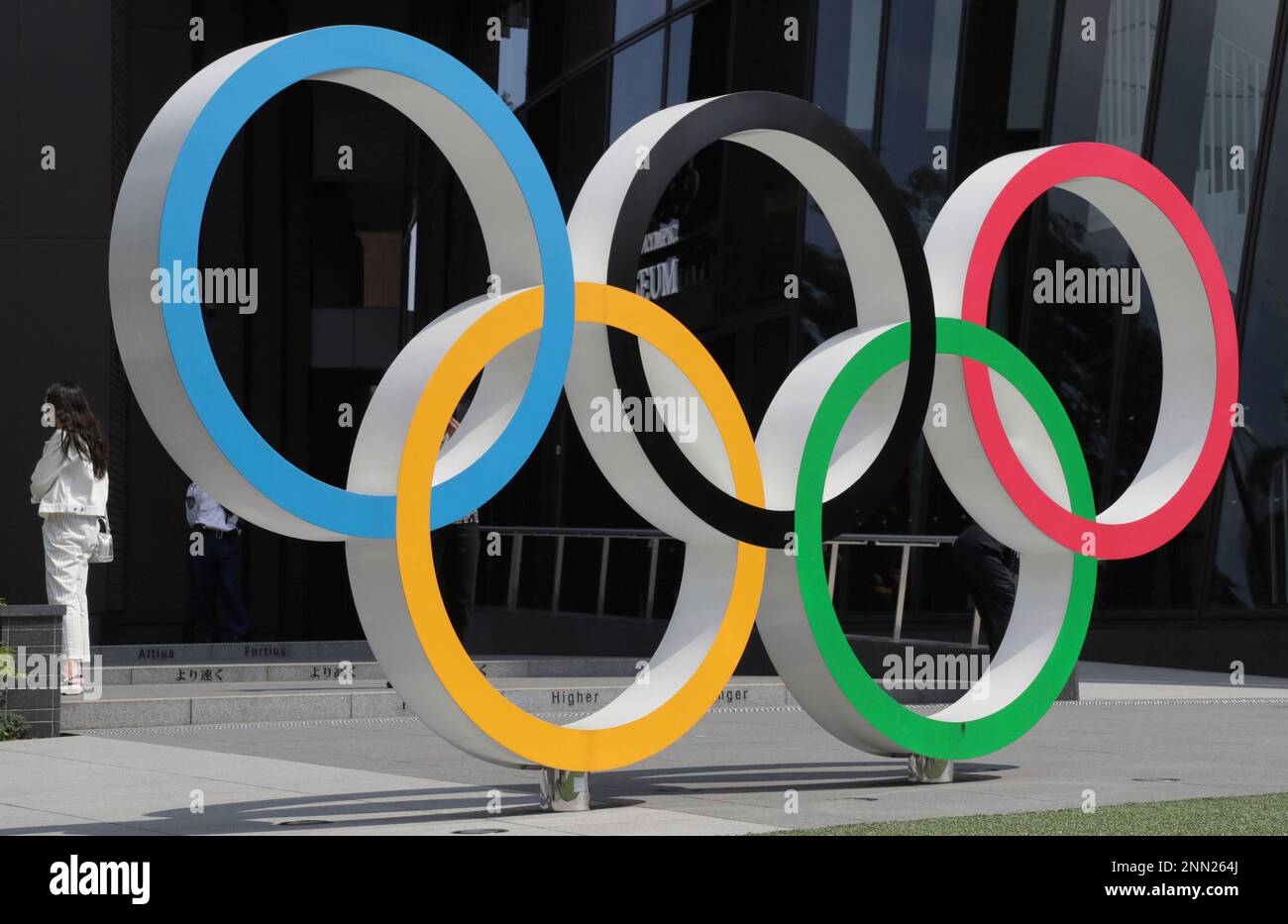 A photo shows a five-ring Olympic emblem in front of National Stadium ...