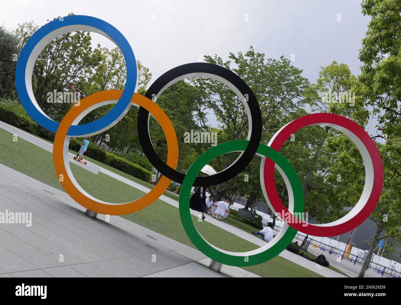 A photo shows a five-ring Olympic emblem in front of National Stadium ...