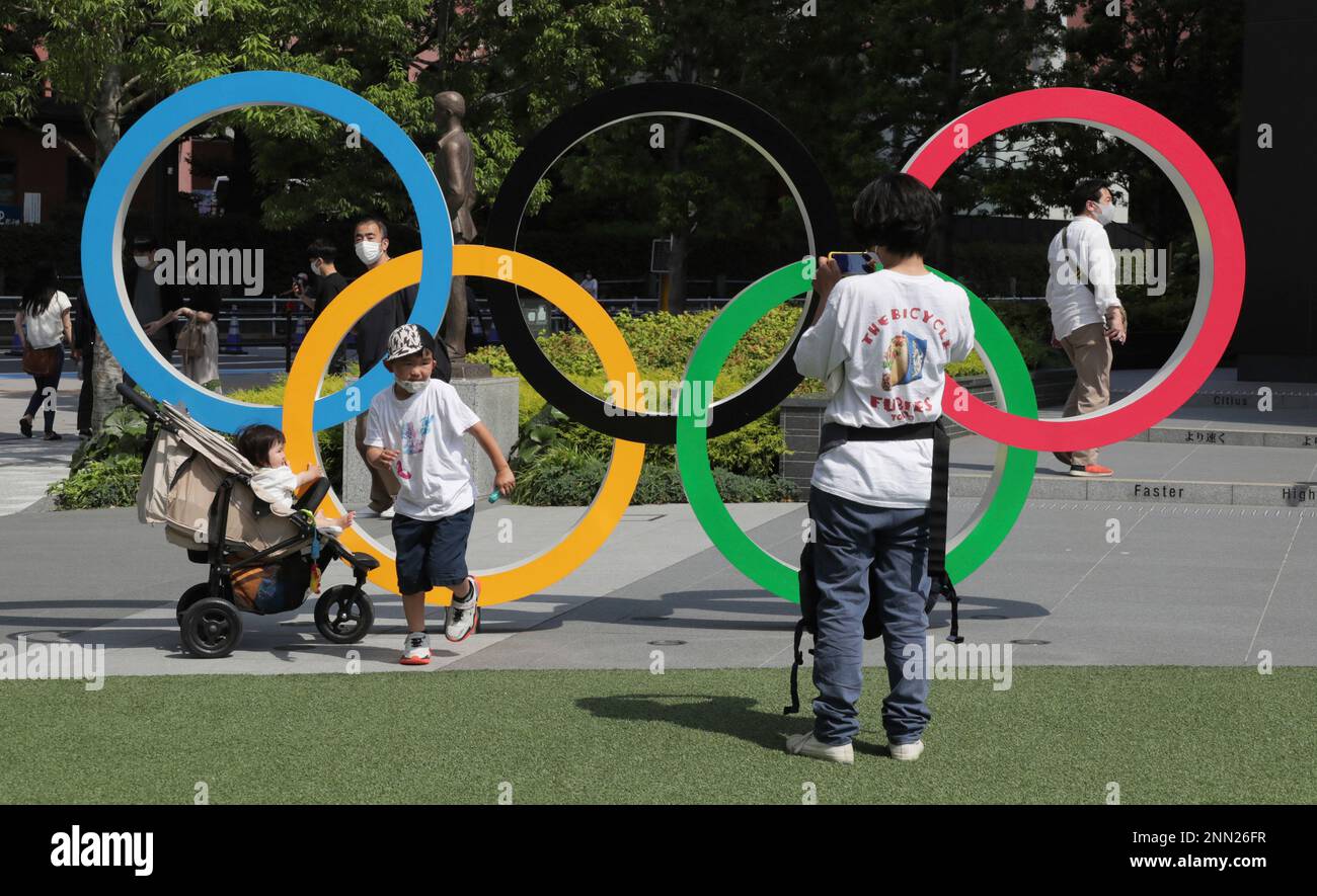 A photo shows a five-ring Olympic emblem in front of National Stadium ...