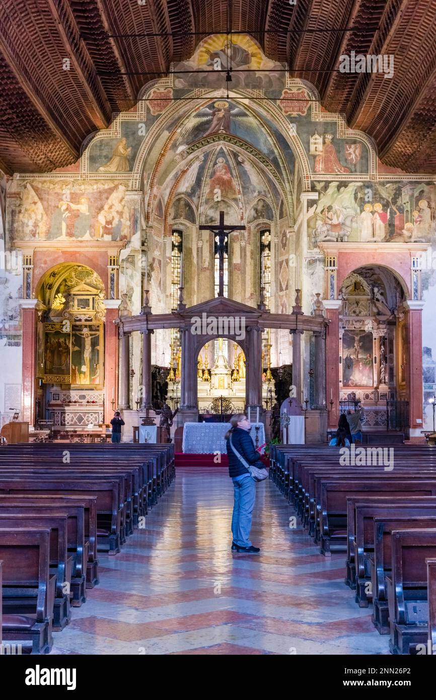 Altar, interior furnishings and artfully painted ceilings inside the ...