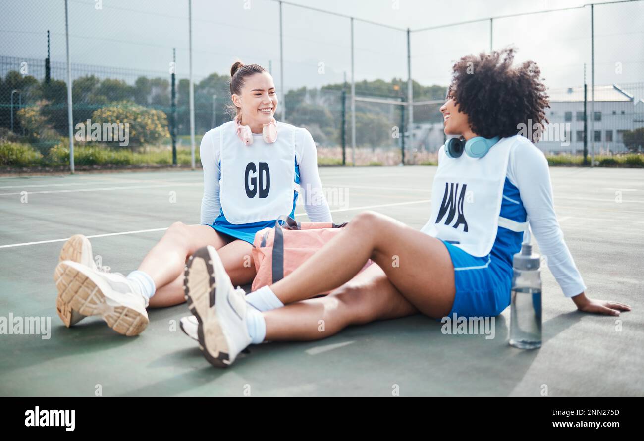 Netball women, sport team and outdoor court exercise of students with ...
