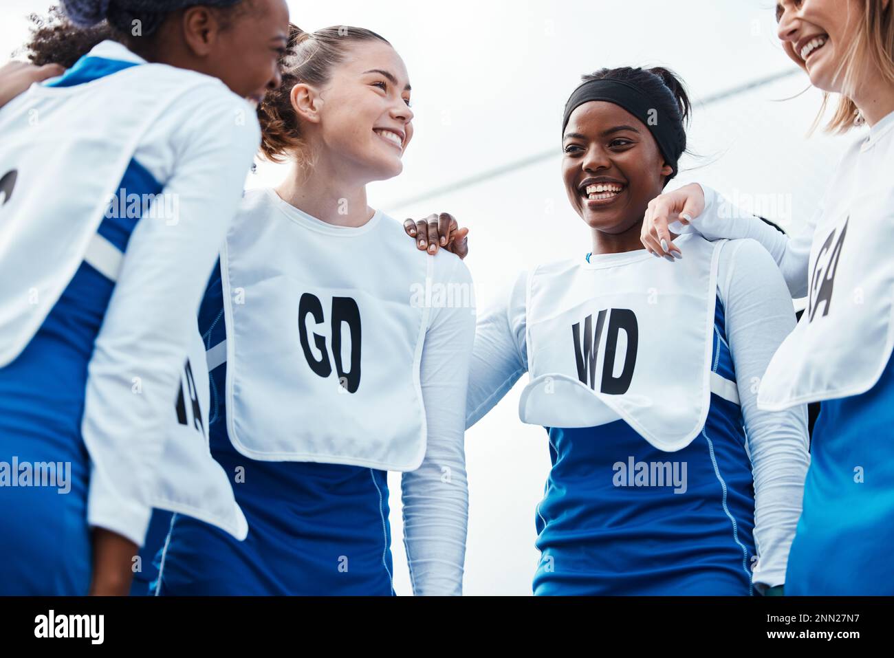 Netball, sports women or happy group with team building, funny ...