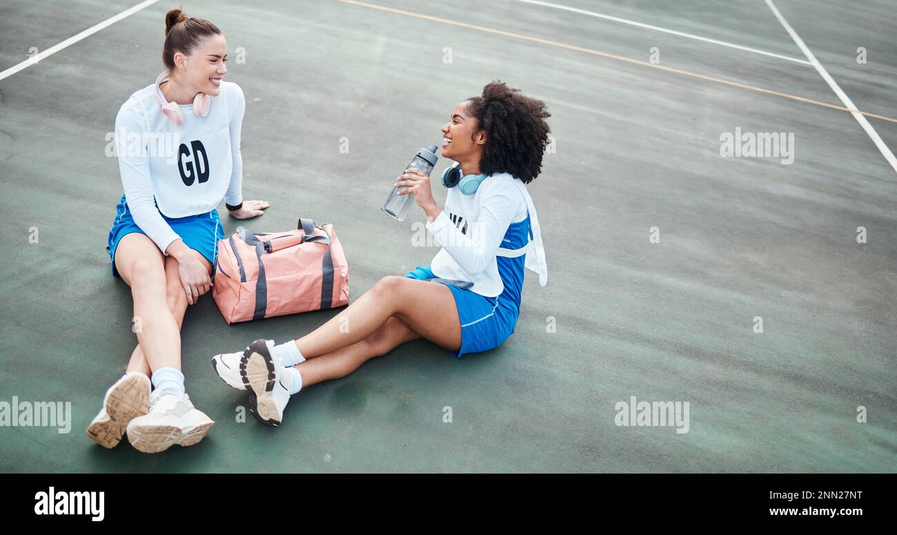 Netball, friendship and girls talking outdoor after a match, training ...