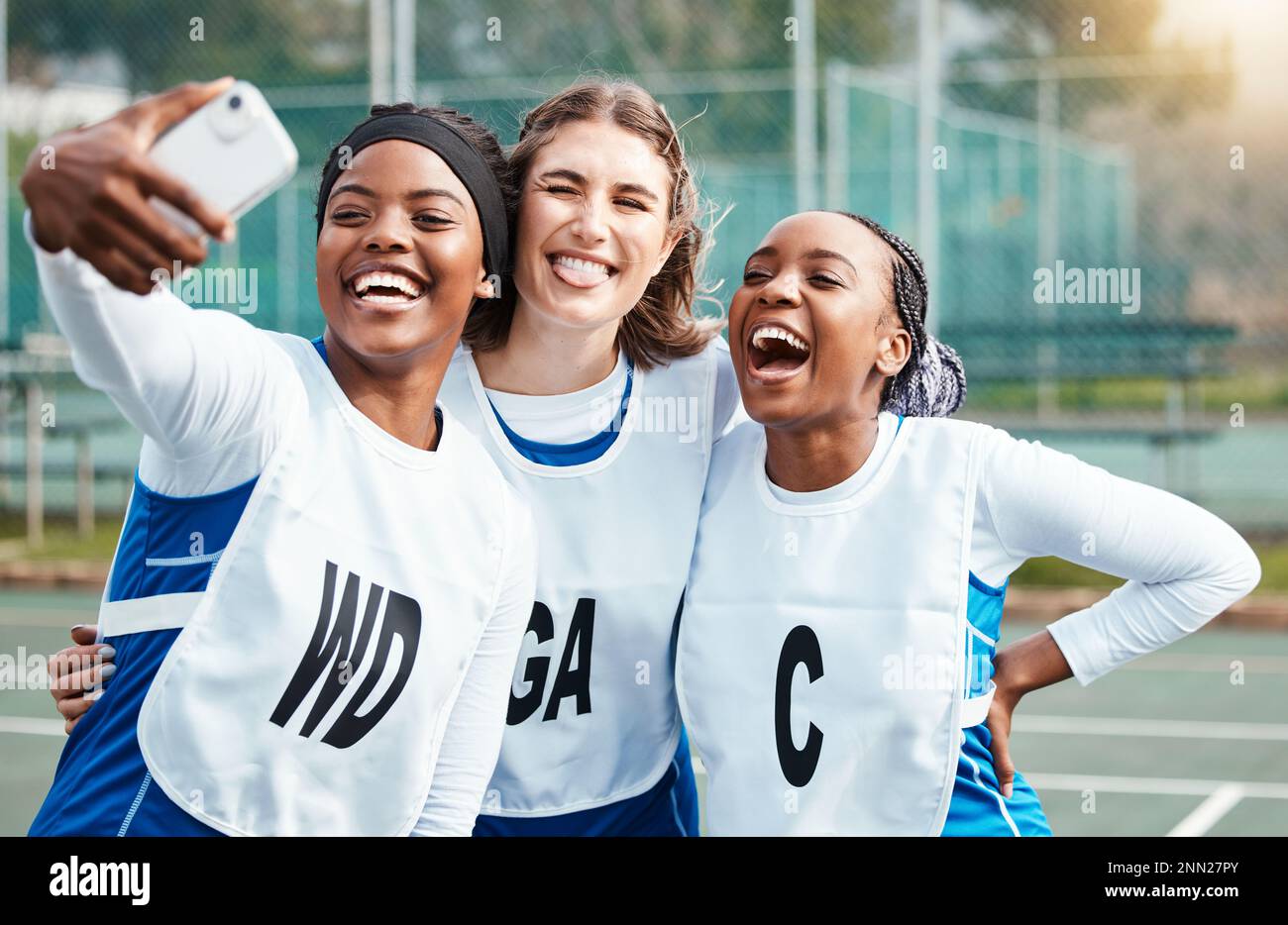 Netball team, sports selfie and women laughing or group friends in ...