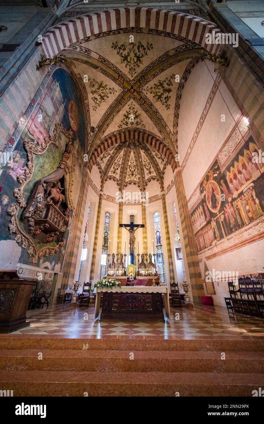 Altar, interior furnishings and artfully painted ceilings inside the ...