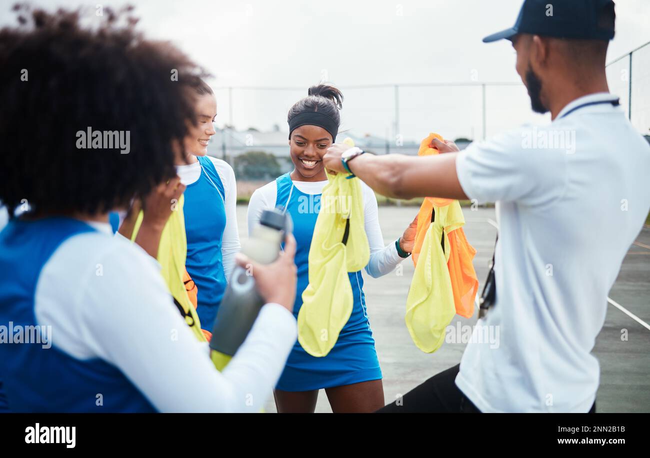 Coach, vest or team in netball training game, workout or exercise for a ...