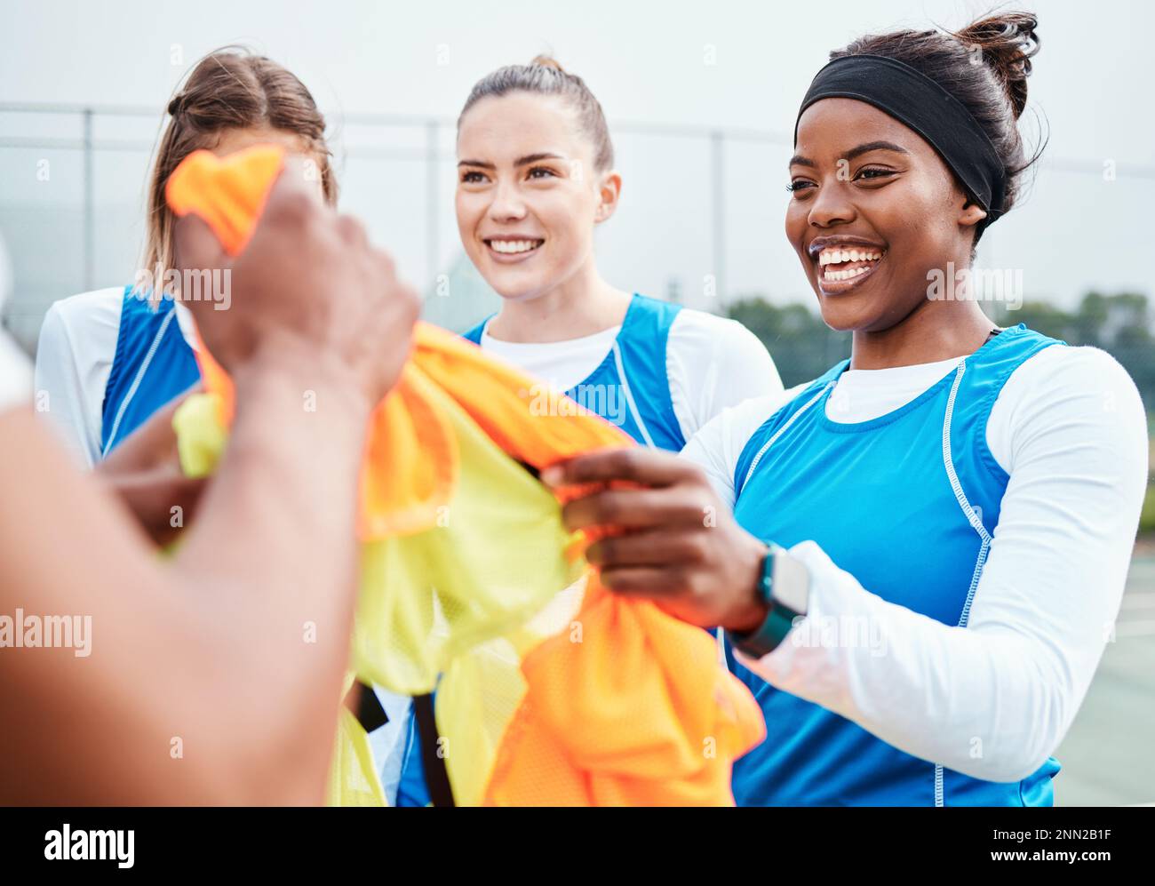 Netball, team color and exercise, girl on court outdoor for sports ...