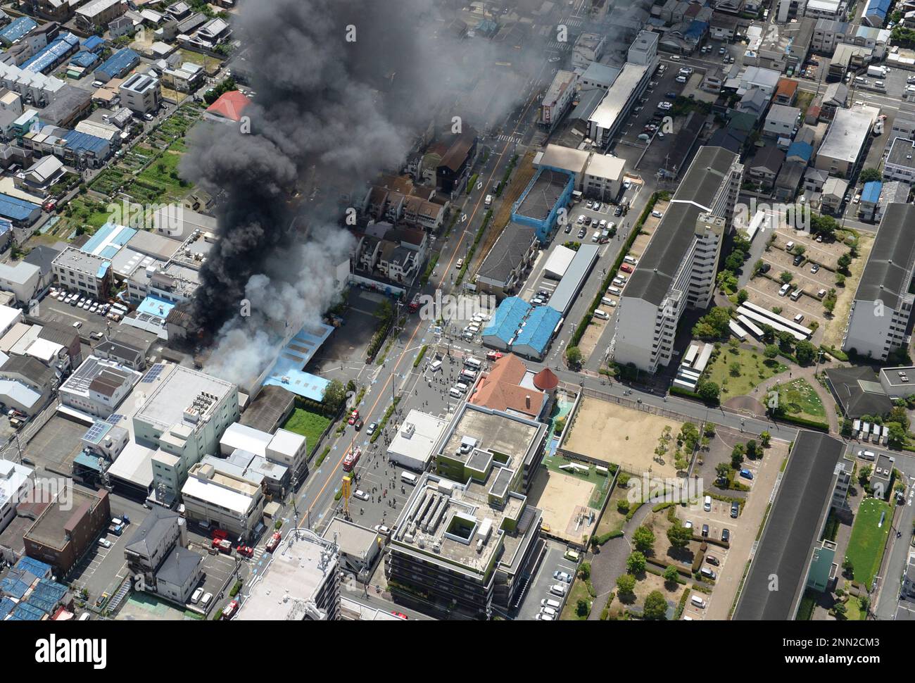 An aerial photo shows a fire site of Kondo Chemical Industry Co. in ...