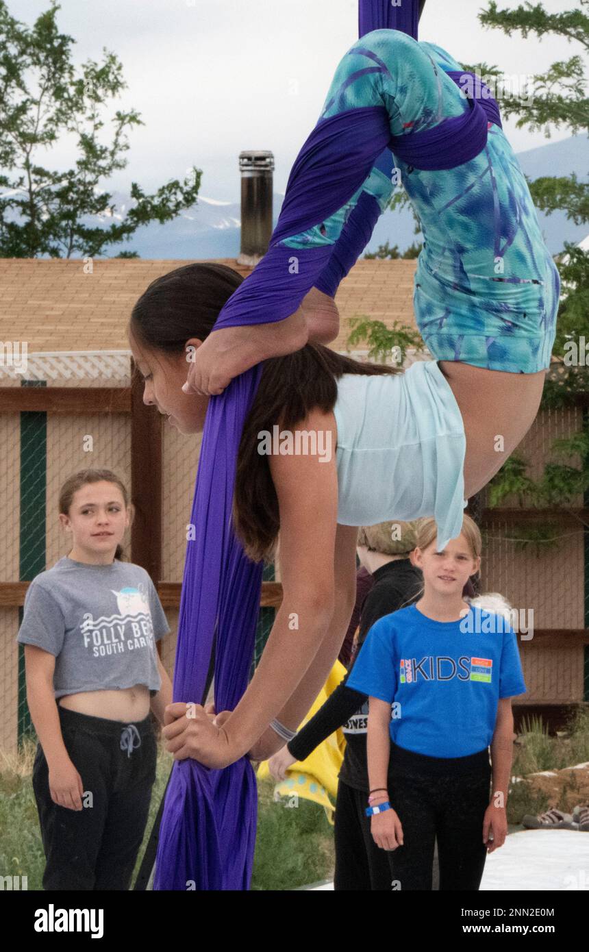 Addison Lewis practices on silks during an afternoon practice session ...