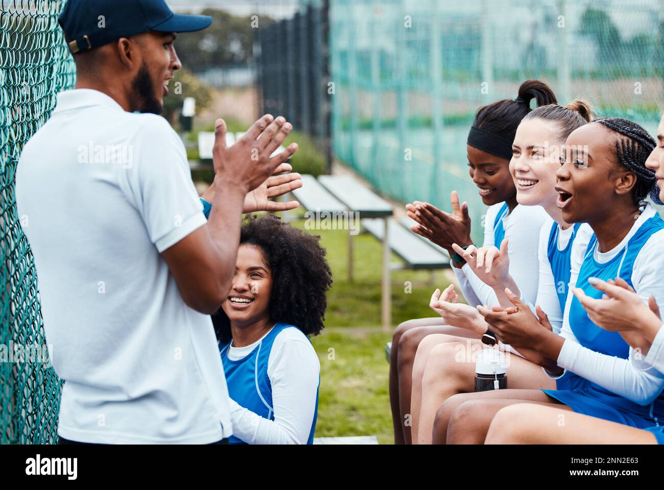 Sports celebration, netball team building and coach happy for game ...