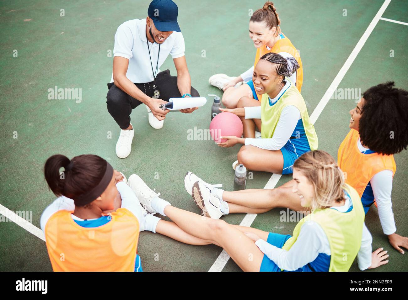 Netball plan, sports team smile and coach planning game strategy ...