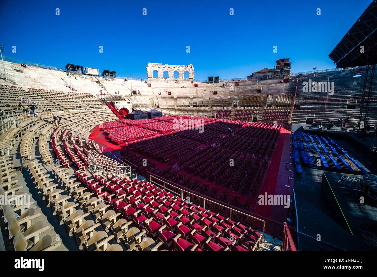 Stage for concerts and audience seats set up in the Verona Arena, a ...