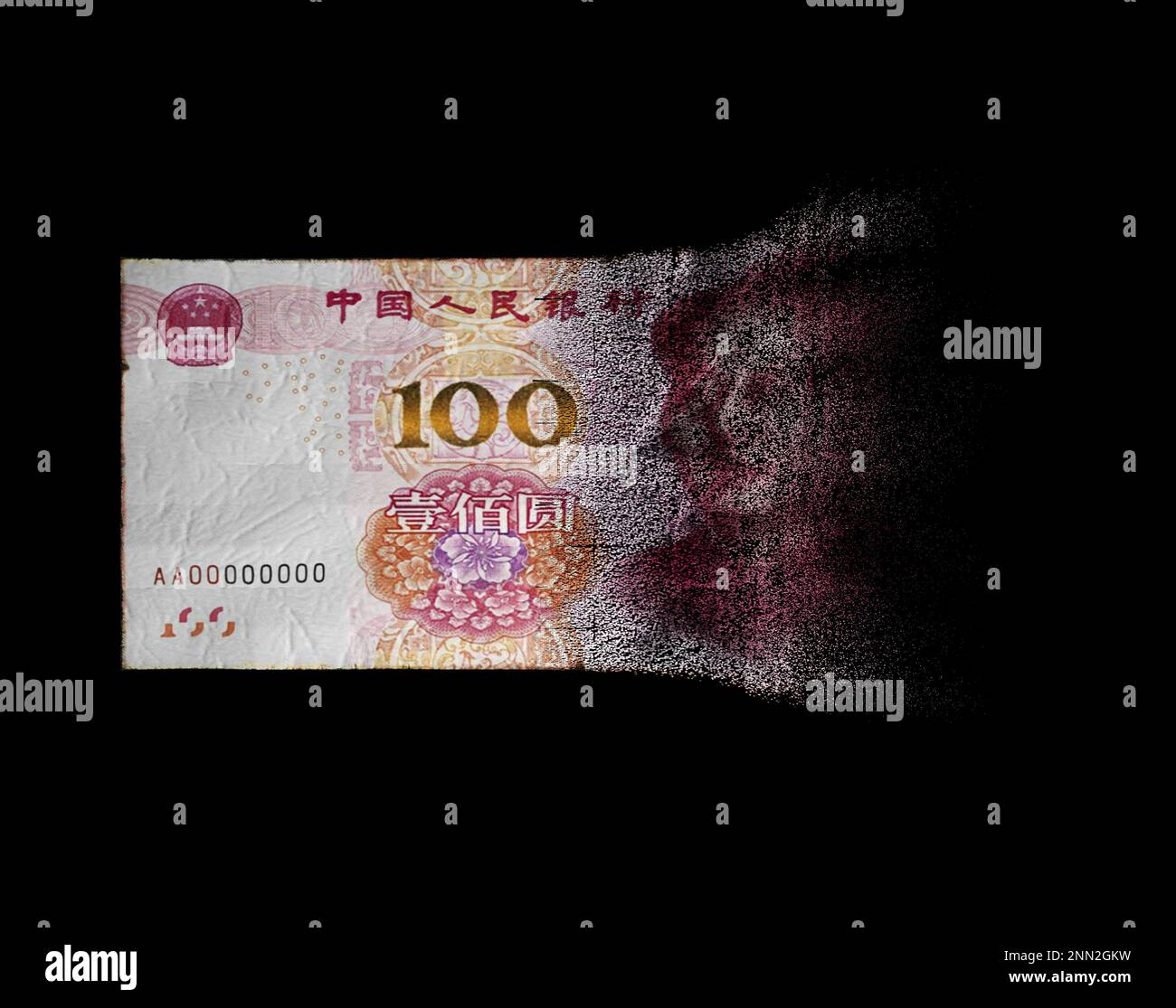 A concept image showing a half dissolved flat paper chinese yuan bank ...