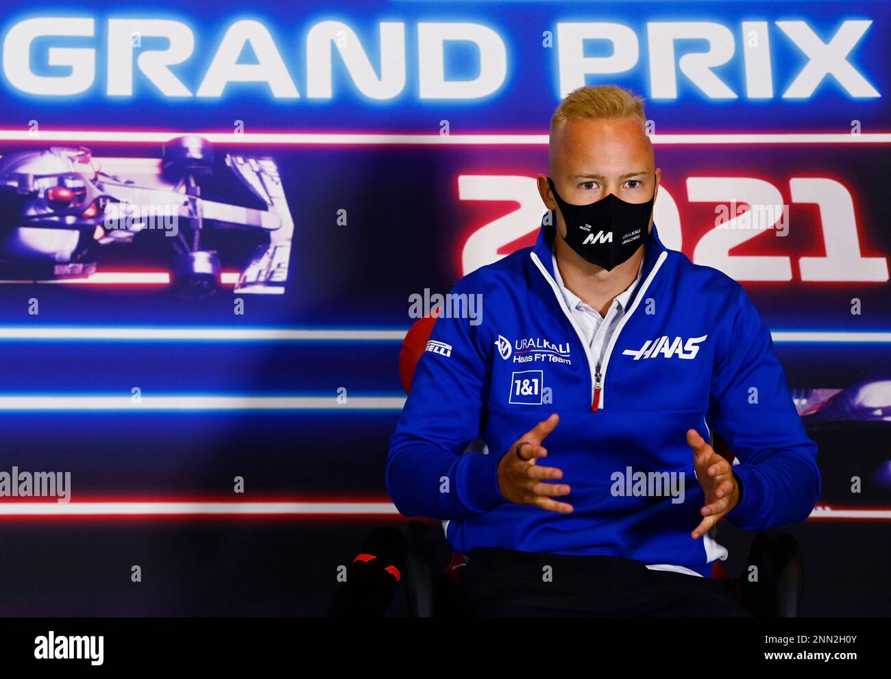 Haas driver Nikita Mazepin of Russia attends a media conference at the ...
