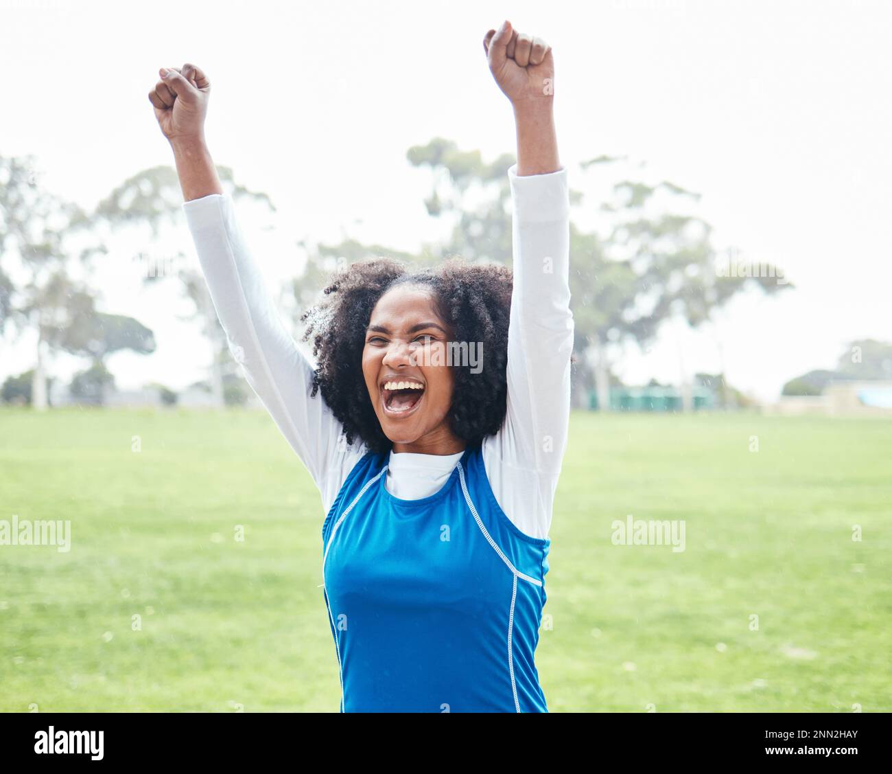 Black woman, celebration and smile for winning, success or sports ...