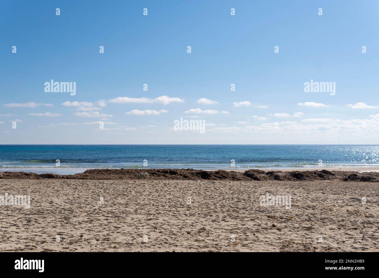 Beach of the Mallorcan tourist resort of Sa Coma at sunrise, without ...