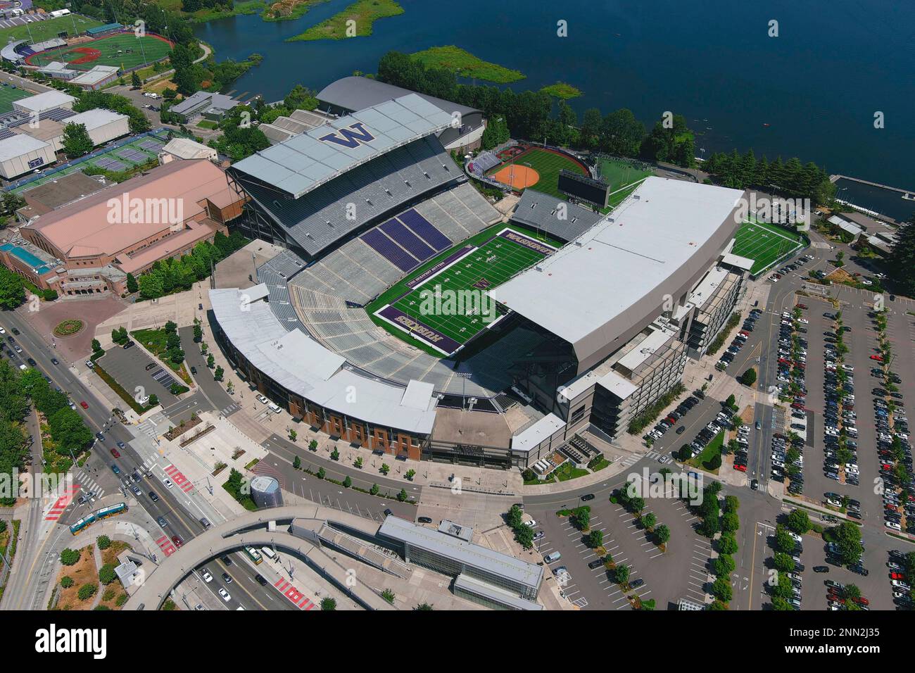An aerial view of the Husky Stadium on the campus of the University of ...